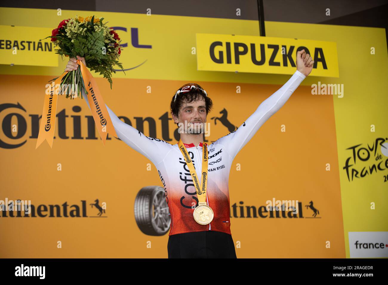 Victor Lafay on the podium in San Sebastián as the winner of the 2023 ...