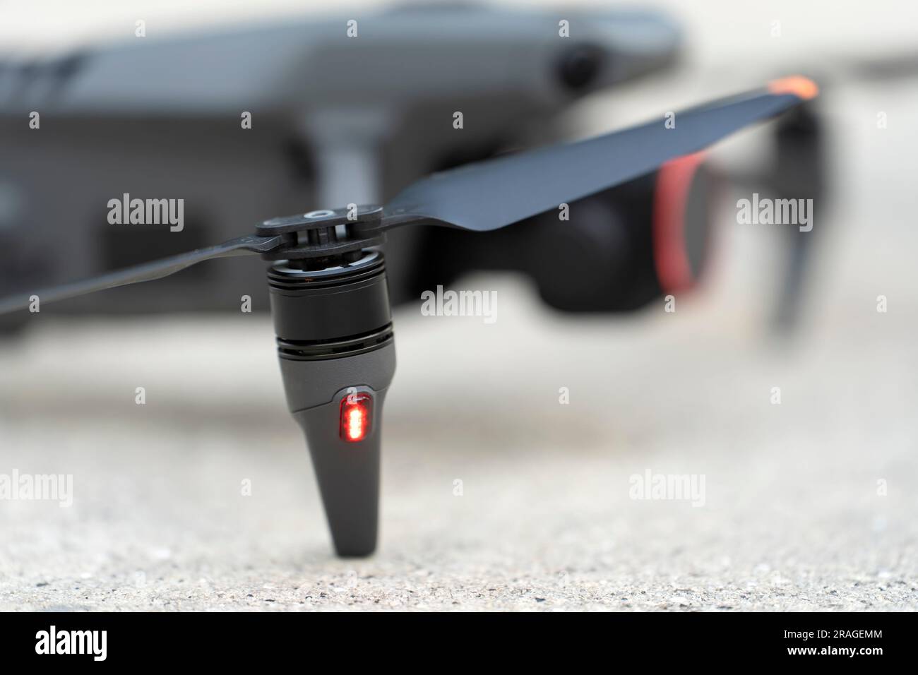 Closeup of motor and propeller of drone quadcopter for taking video and ...