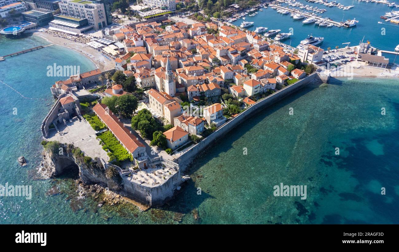 Drone view of Budva old town - Budva, Montenegro Stock Photo - Alamy