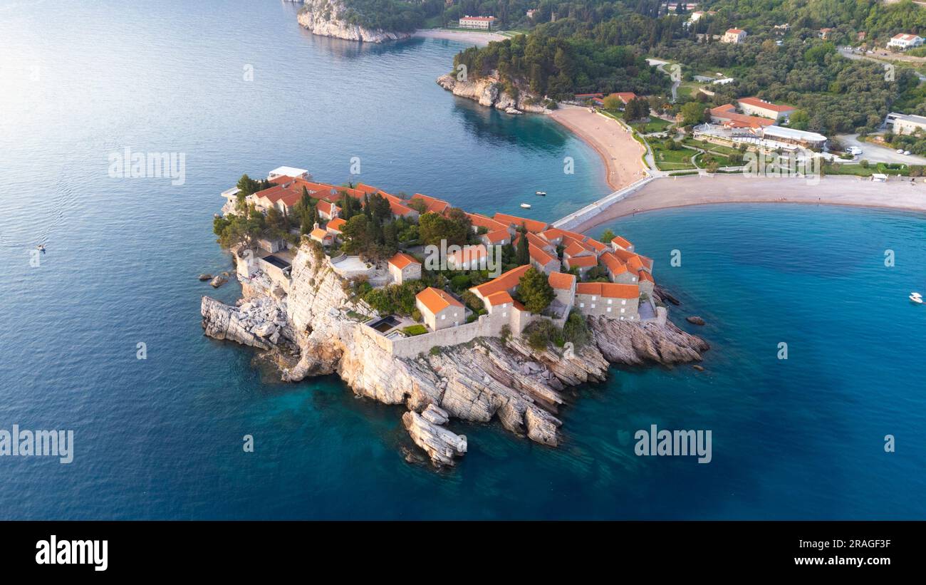 Aerial view of Sveti Stefan in the evening light - Sveti Stefan ...