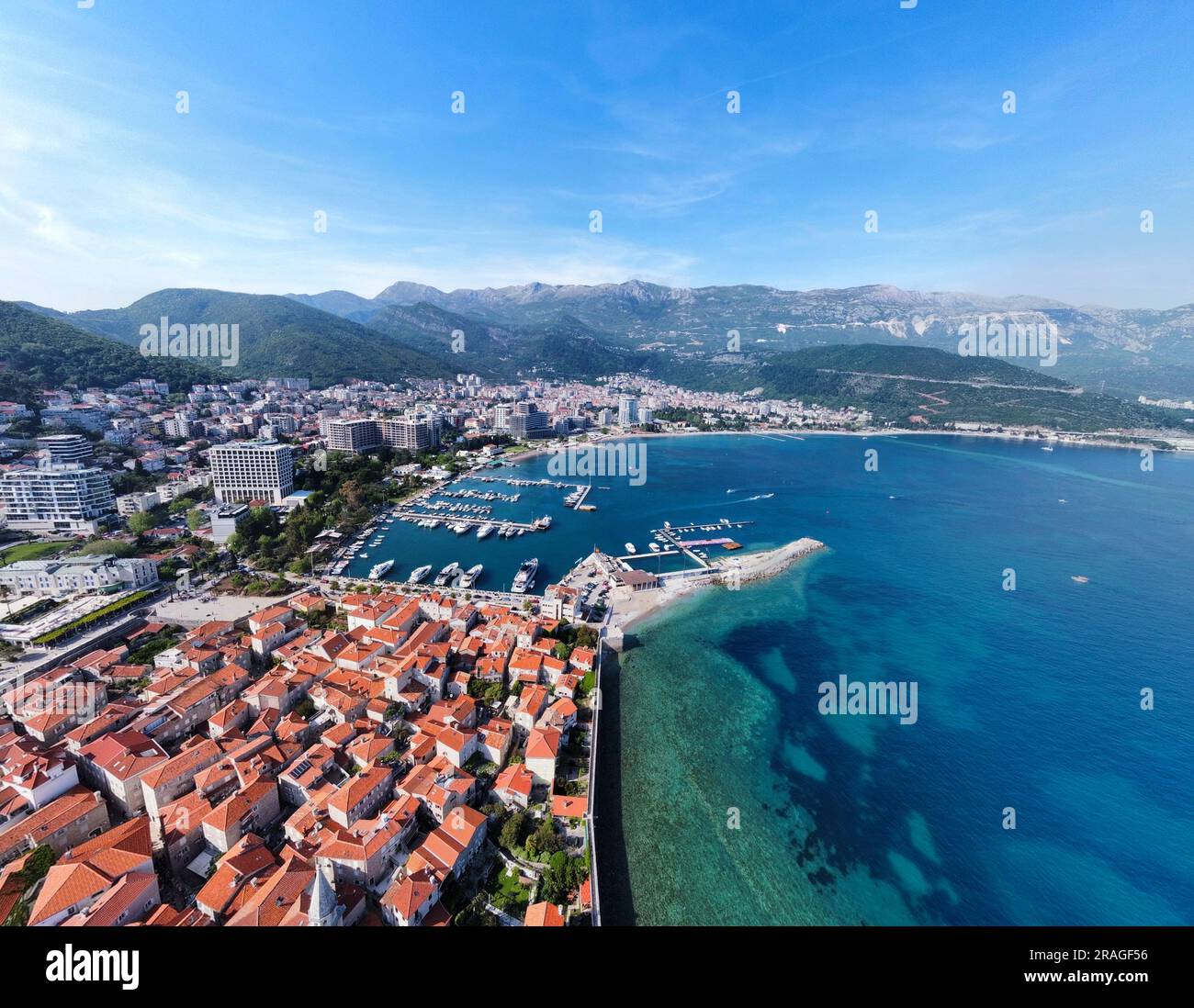 Aerial view over Budva from the old town - Budva, Montenegro Stock ...