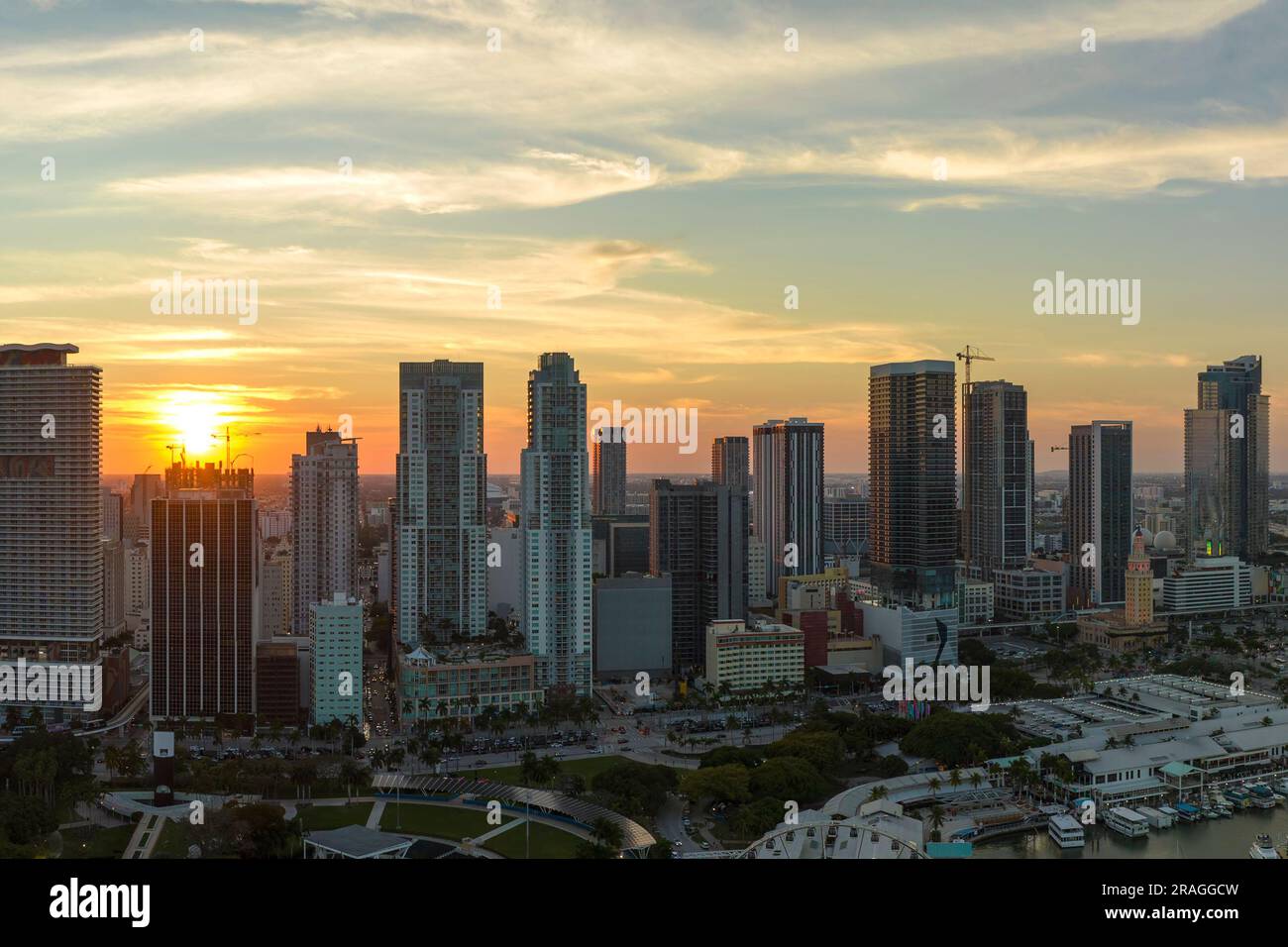 View from above of concrete and glass skyscraper buildings in downtown ...