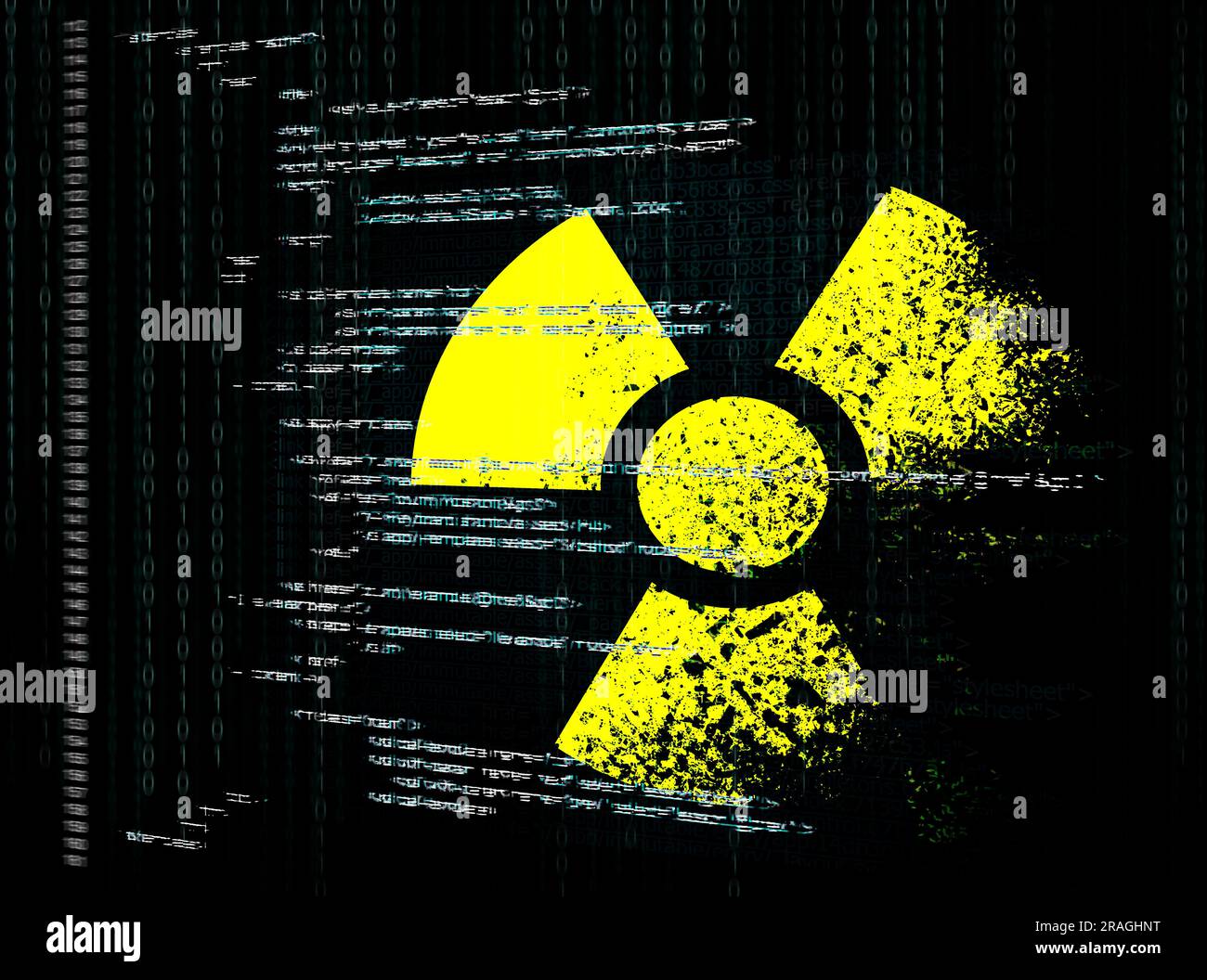 Nuclear deterrence. Warning radiation symbol, source and binary codes on black background Stock ...