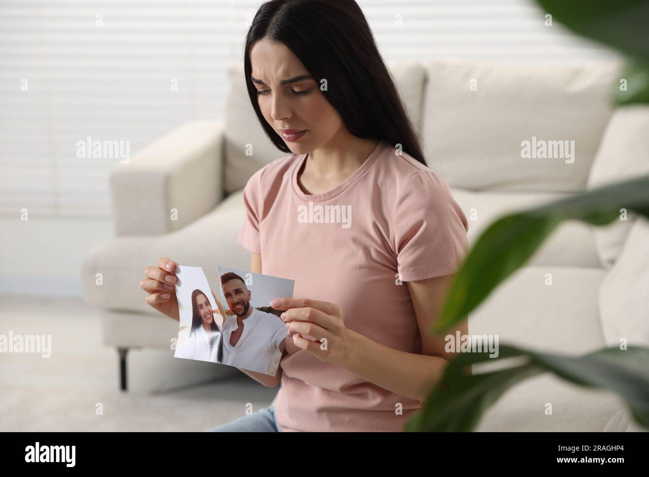Upset woman ripping photo at home. Divorce concept Stock Photo - Alamy
