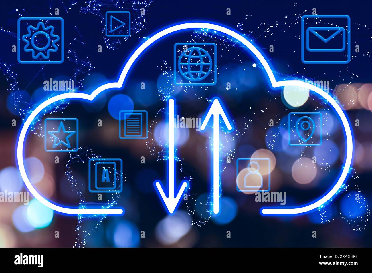 Web hosting. Digital cloud with arrows surrounded by icons against ...