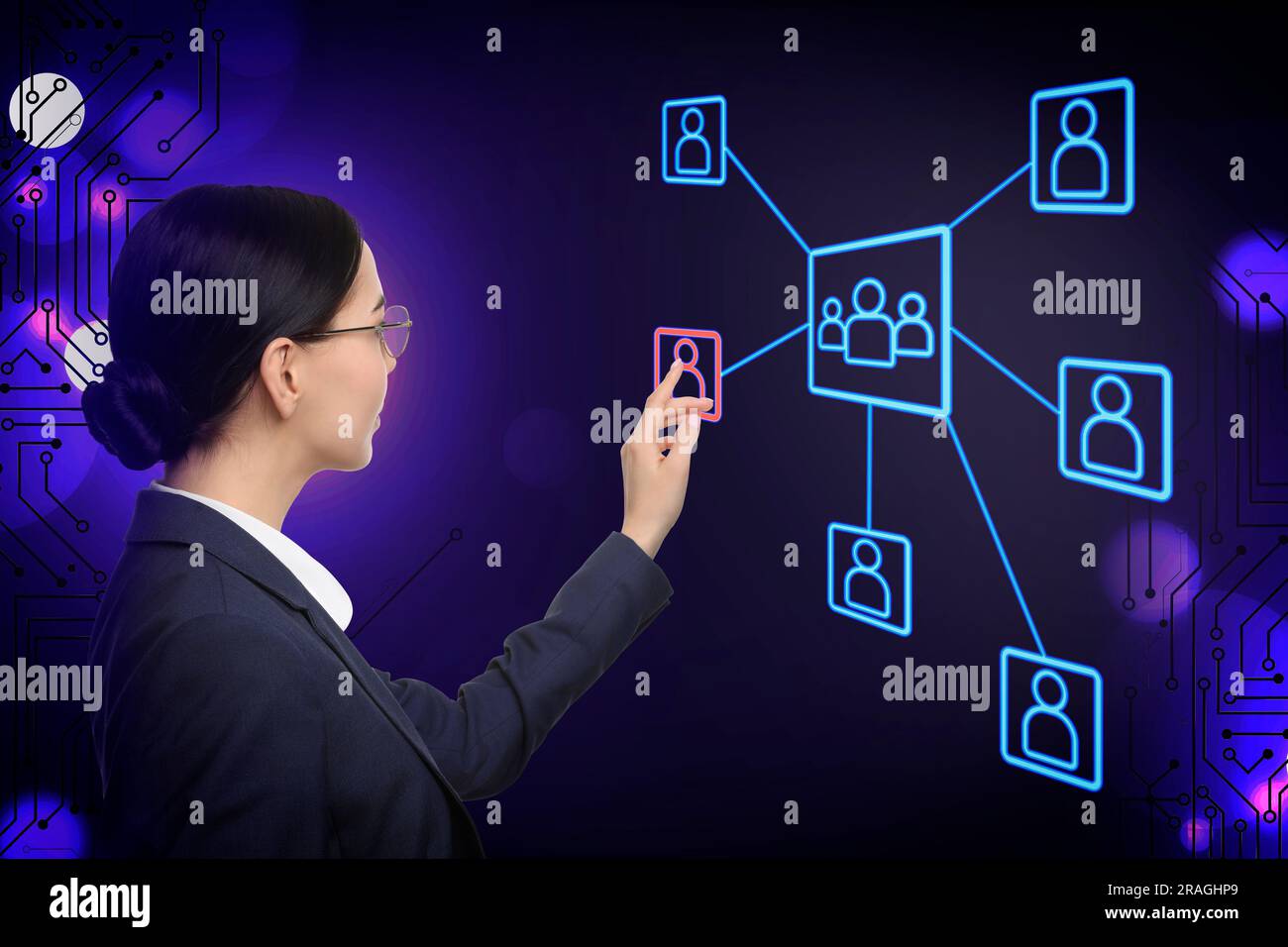 Multi-level marketing. Businesswoman touching scheme on digital screen ...