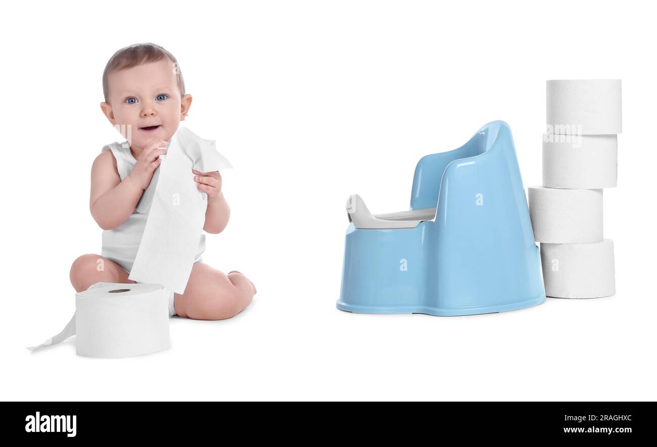 Little child near baby potty and stack of toilet paper rolls on white ...