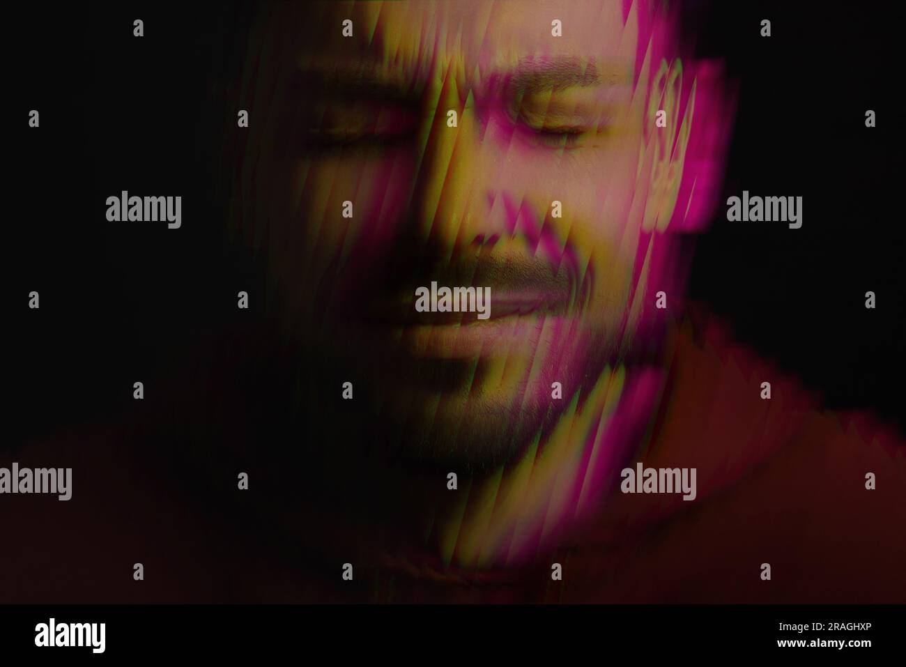 Man suffering from paranoia on black background, glitch effect Stock ...