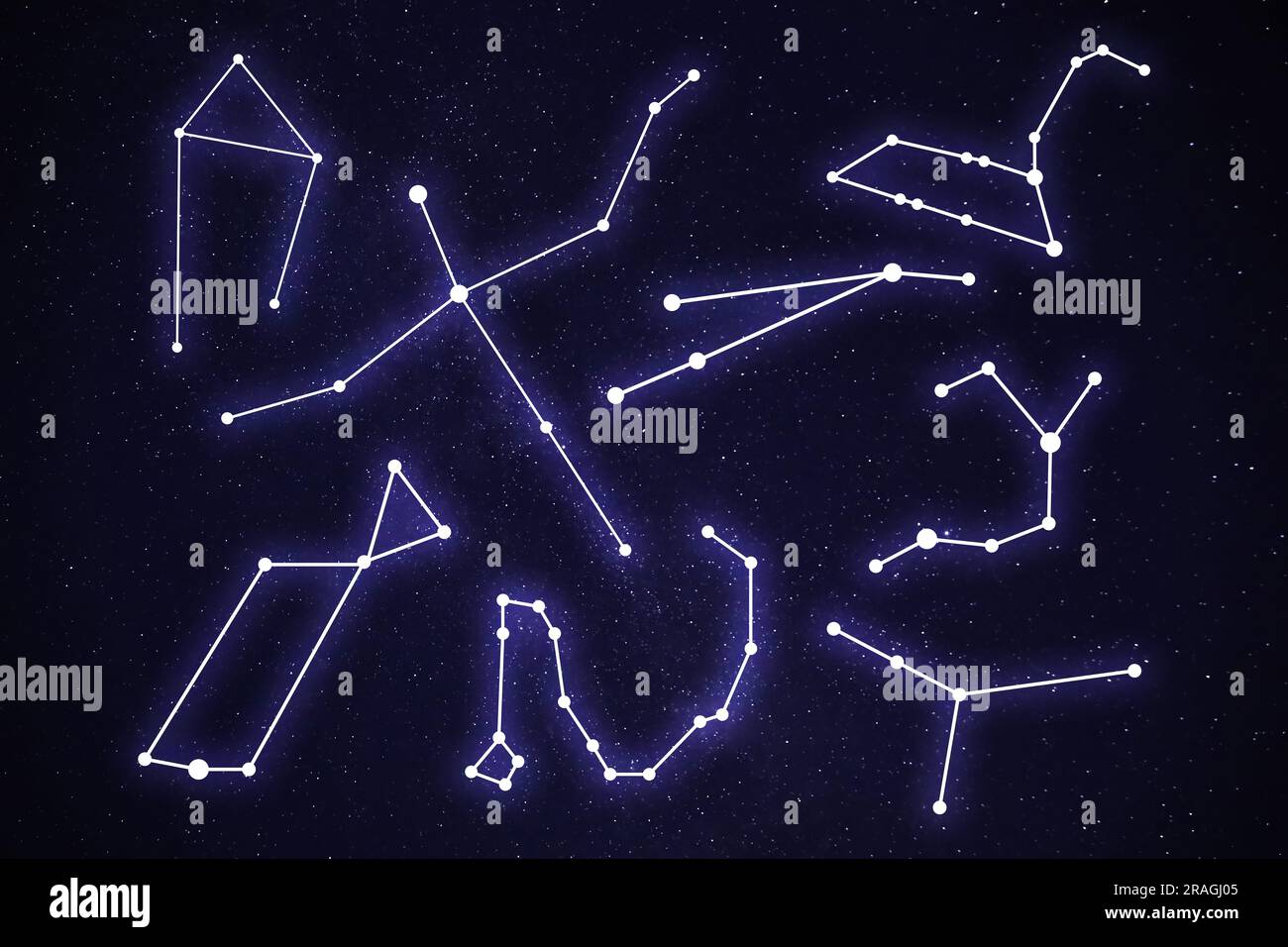 Set with different constellation stick figure patterns in starry night ...