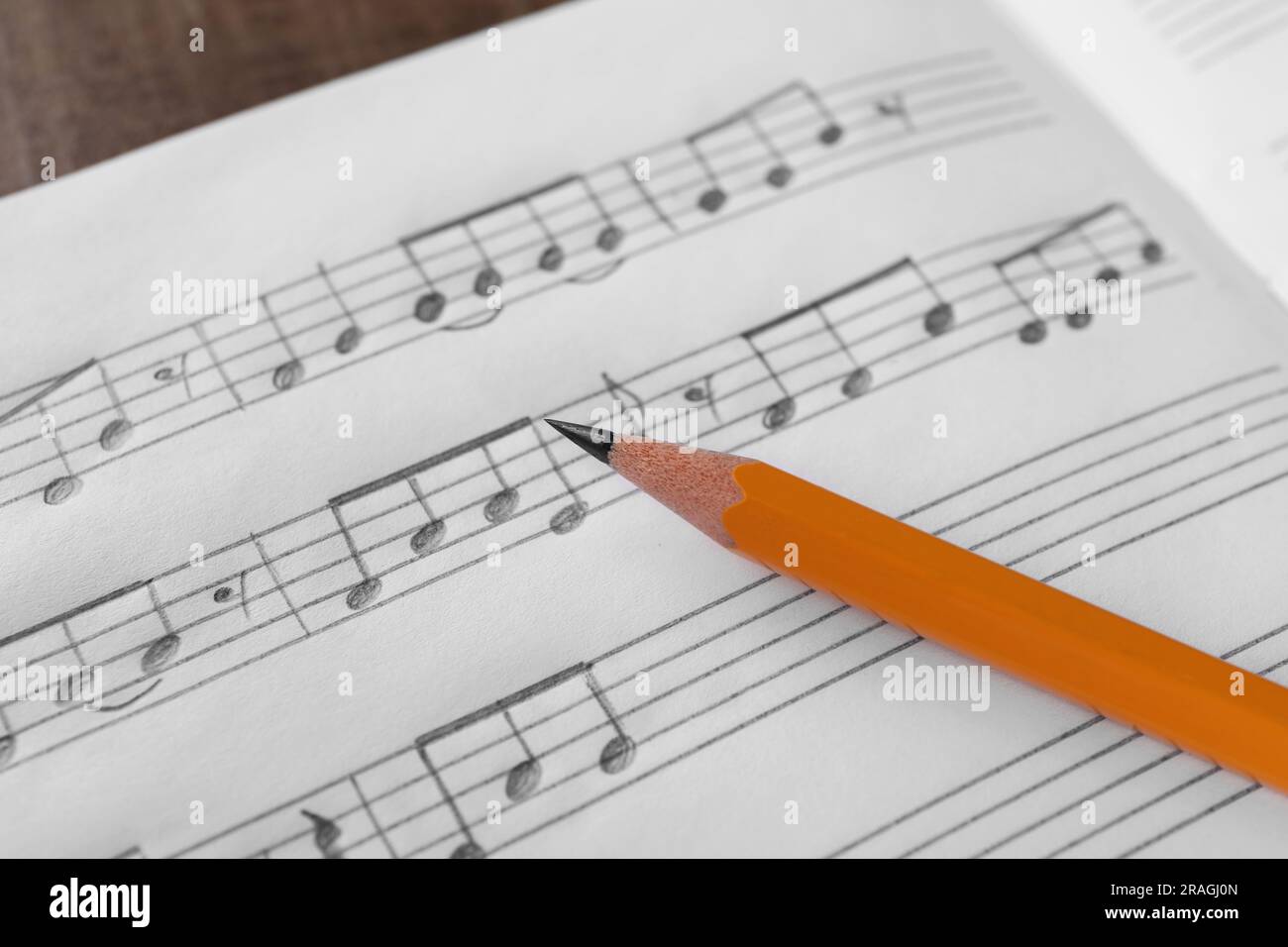 Sheet with musical notes and pencil, closeup view Stock Photo - Alamy