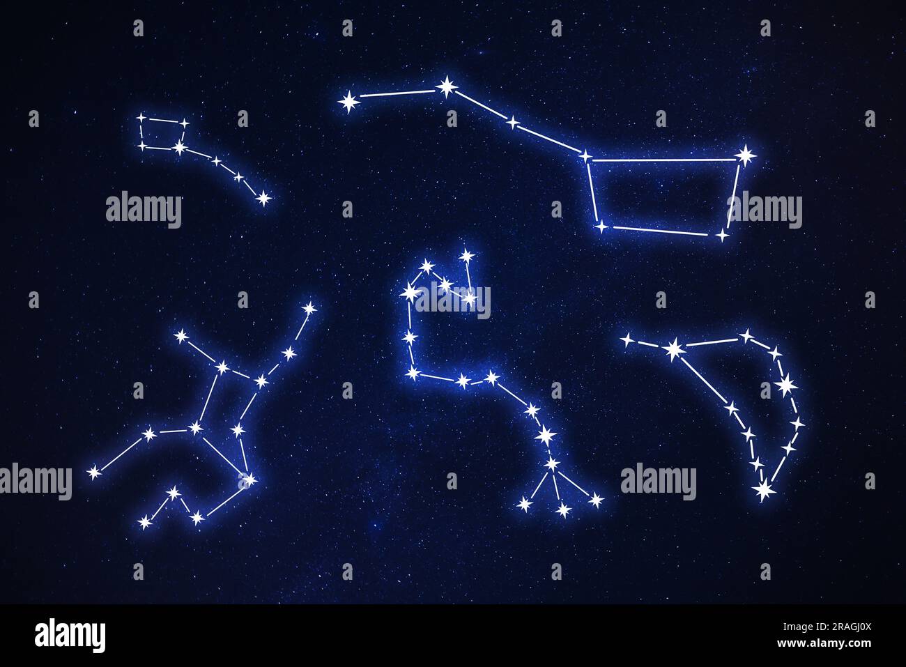 Set with different constellation stick figure patterns in starry night ...