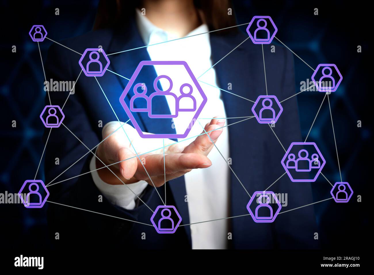 Multi-level marketing. Businesswoman holding digital scheme on dark ...