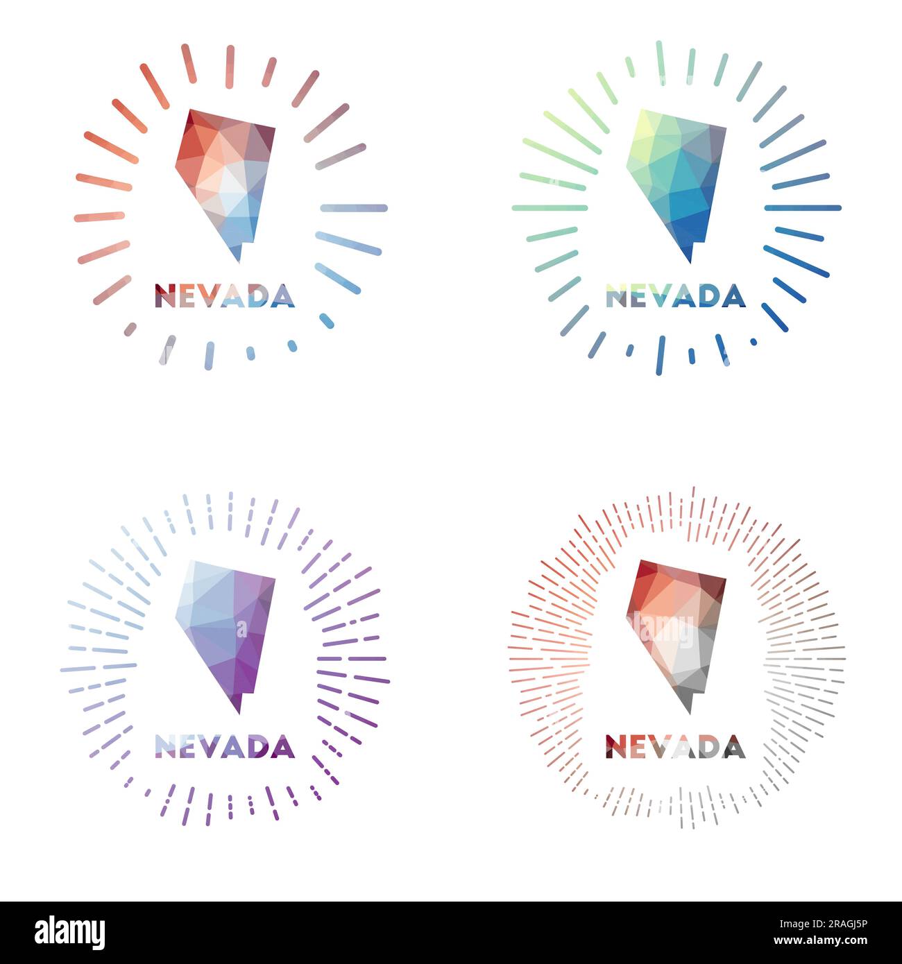 Nevada low poly sunburst set. Logo of US state in geometric polygonal ...