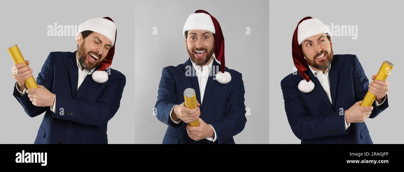 Collage with photos of emotional man blowing up party popper on light ...