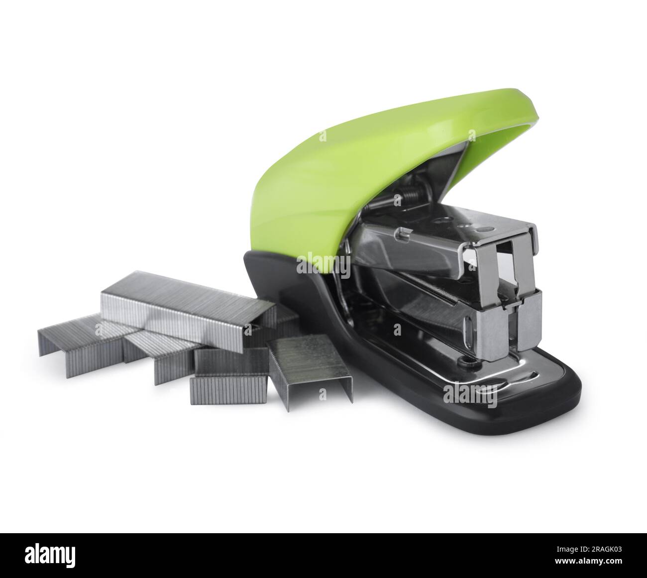 Bright green stapler with staples isolated on white Stock Photo - Alamy