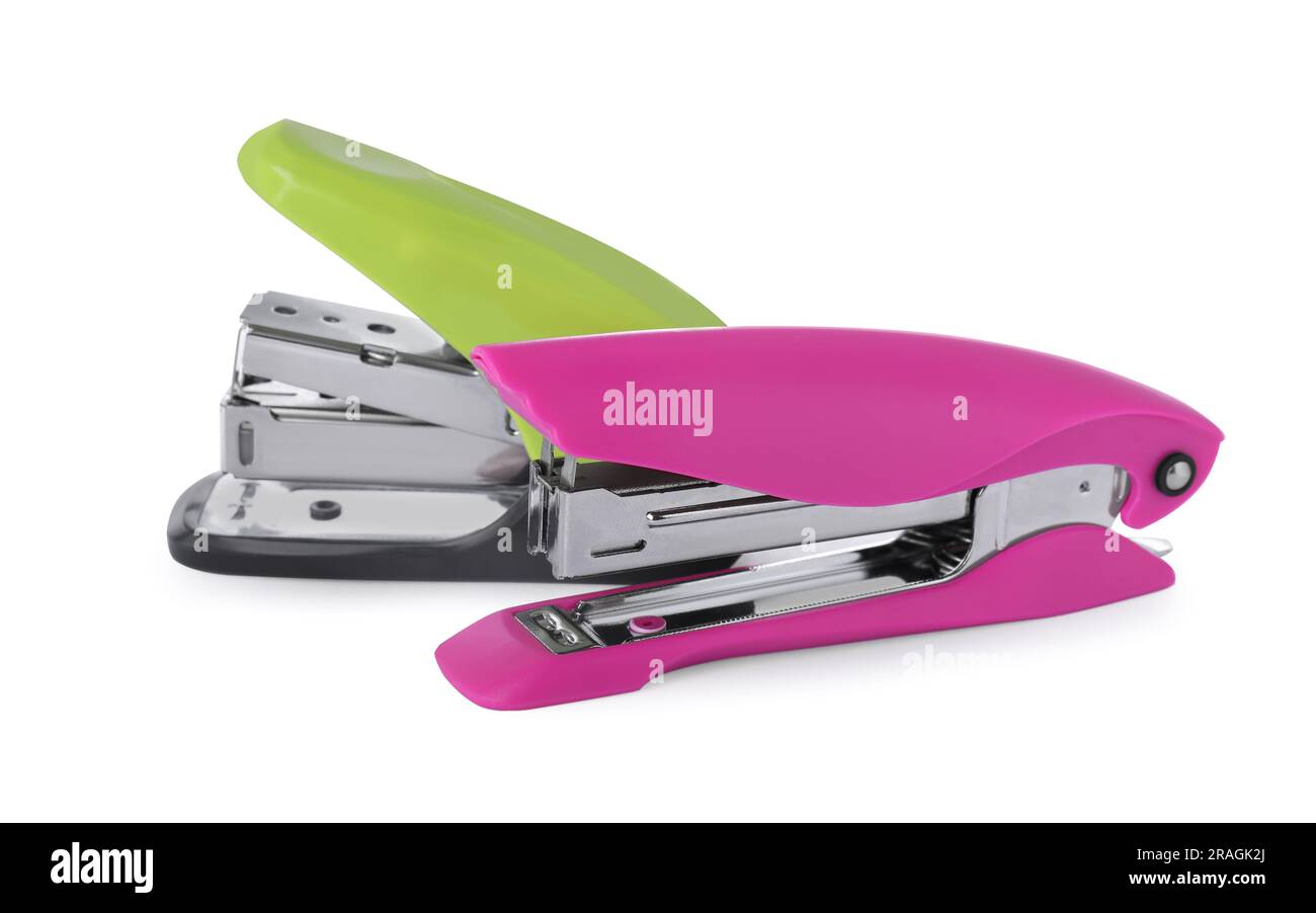 New bright color staplers isolated on white Stock Photo - Alamy