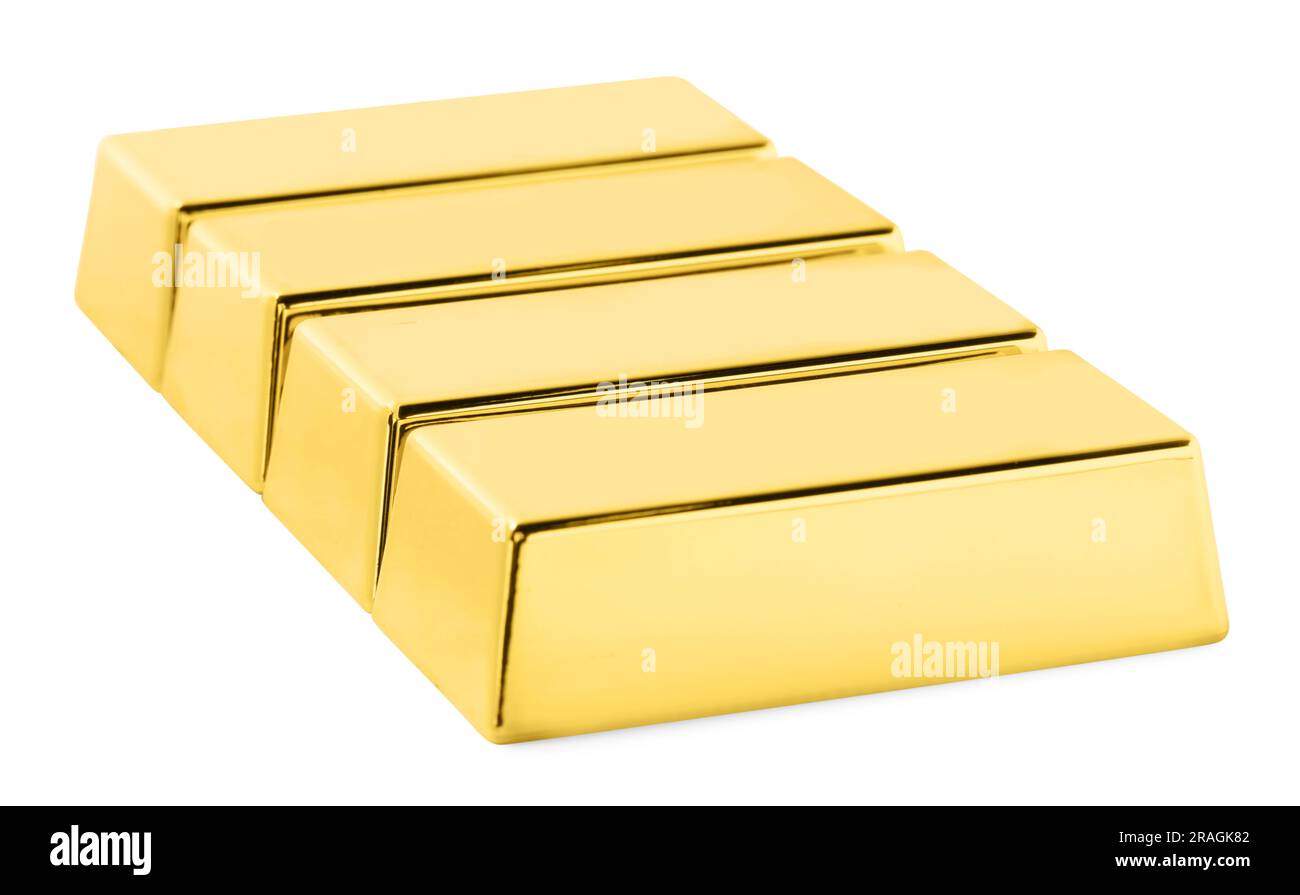 Many shiny gold bars isolated on white Stock Photo - Alamy