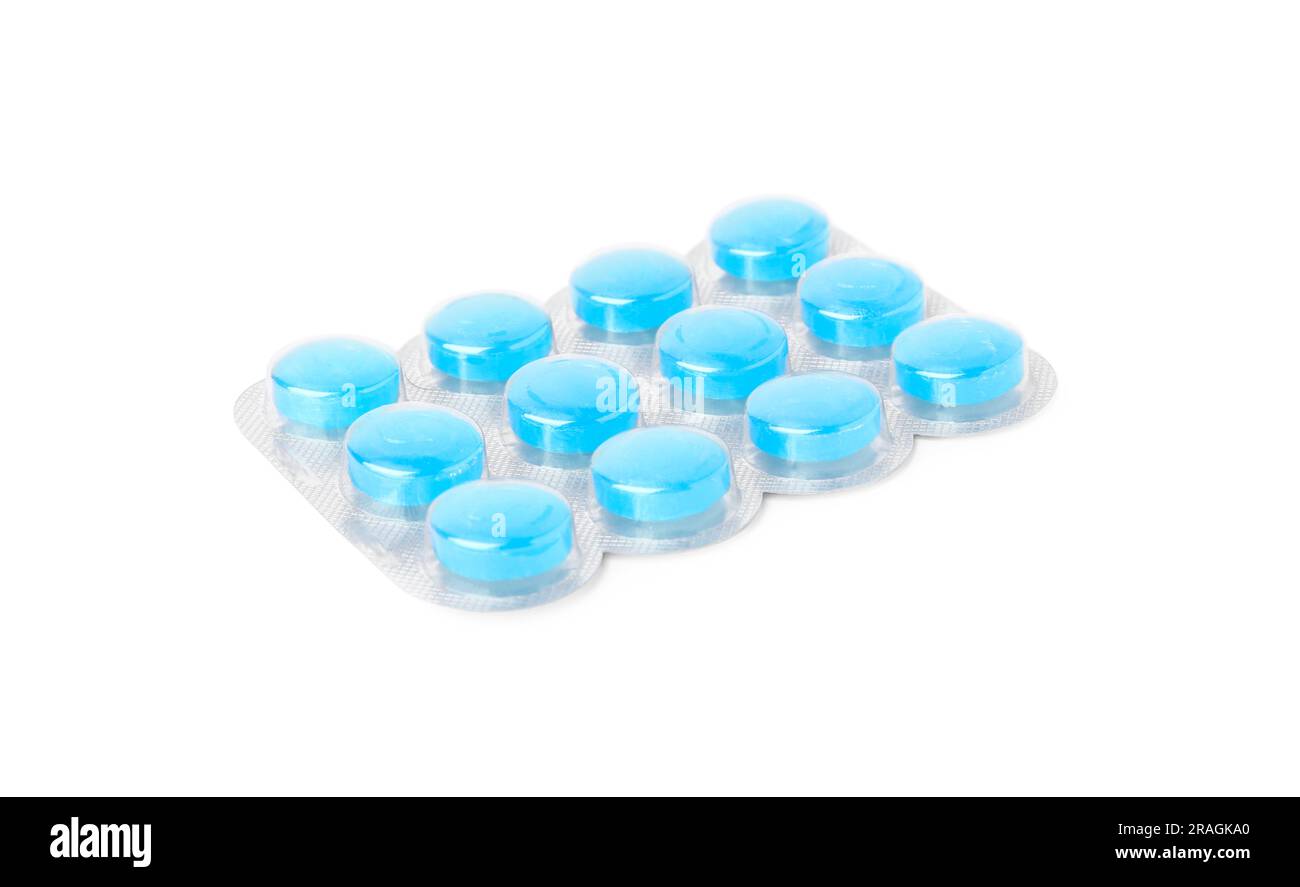 Blister with light blue cough drops isolated on white Stock Photo - Alamy