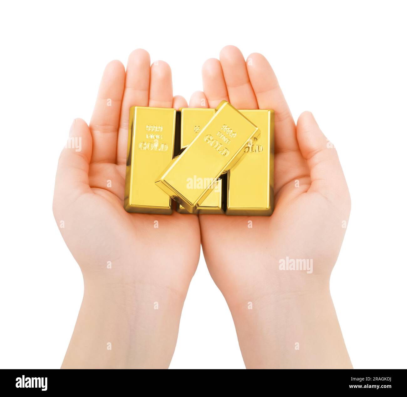 Woman holding shiny gold bars on white background, top view Stock Photo - Alamy