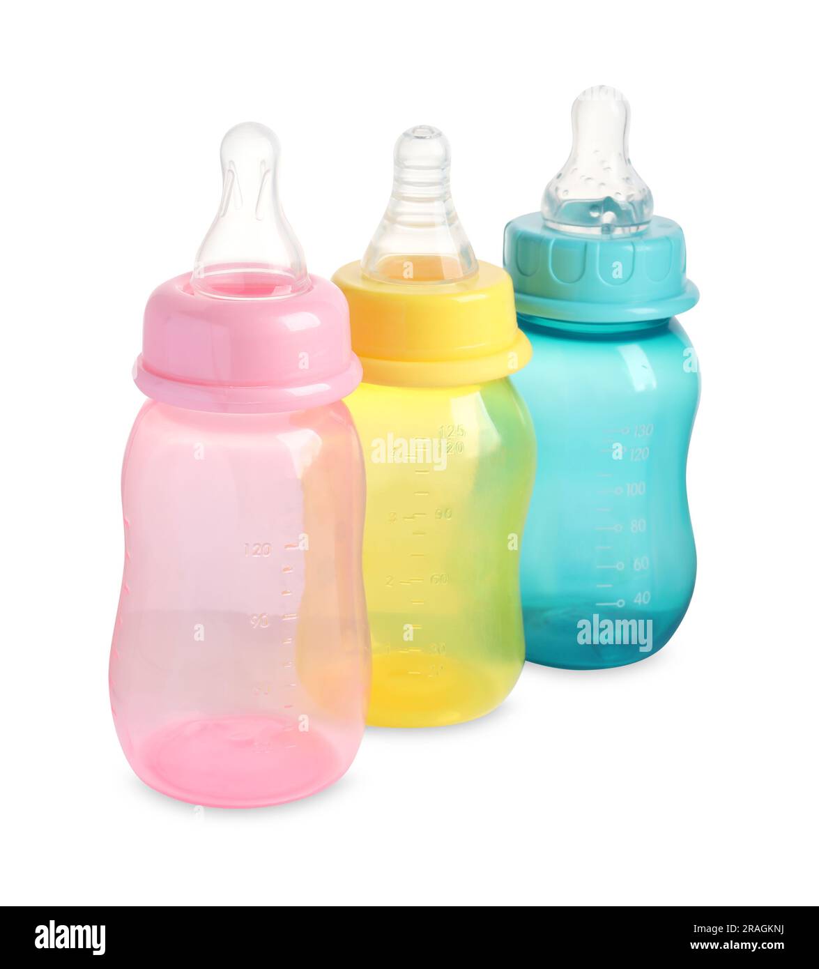Three empty feeding bottles for baby milk isolated on white Stock Photo ...