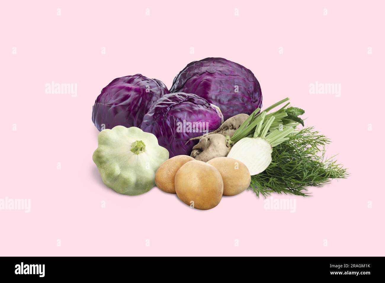 Many different fresh vegetables and dill on pale pink background Stock ...
