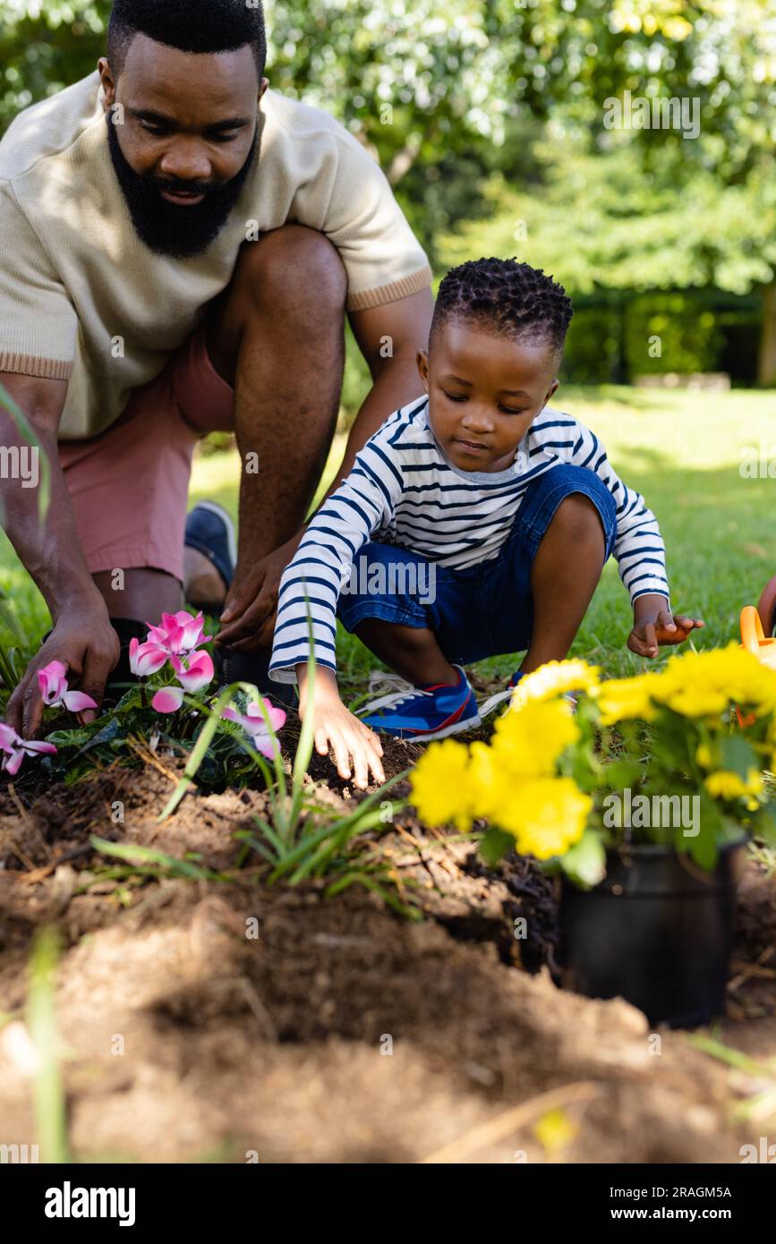 African american father with son planting fresh flowers on field in ...