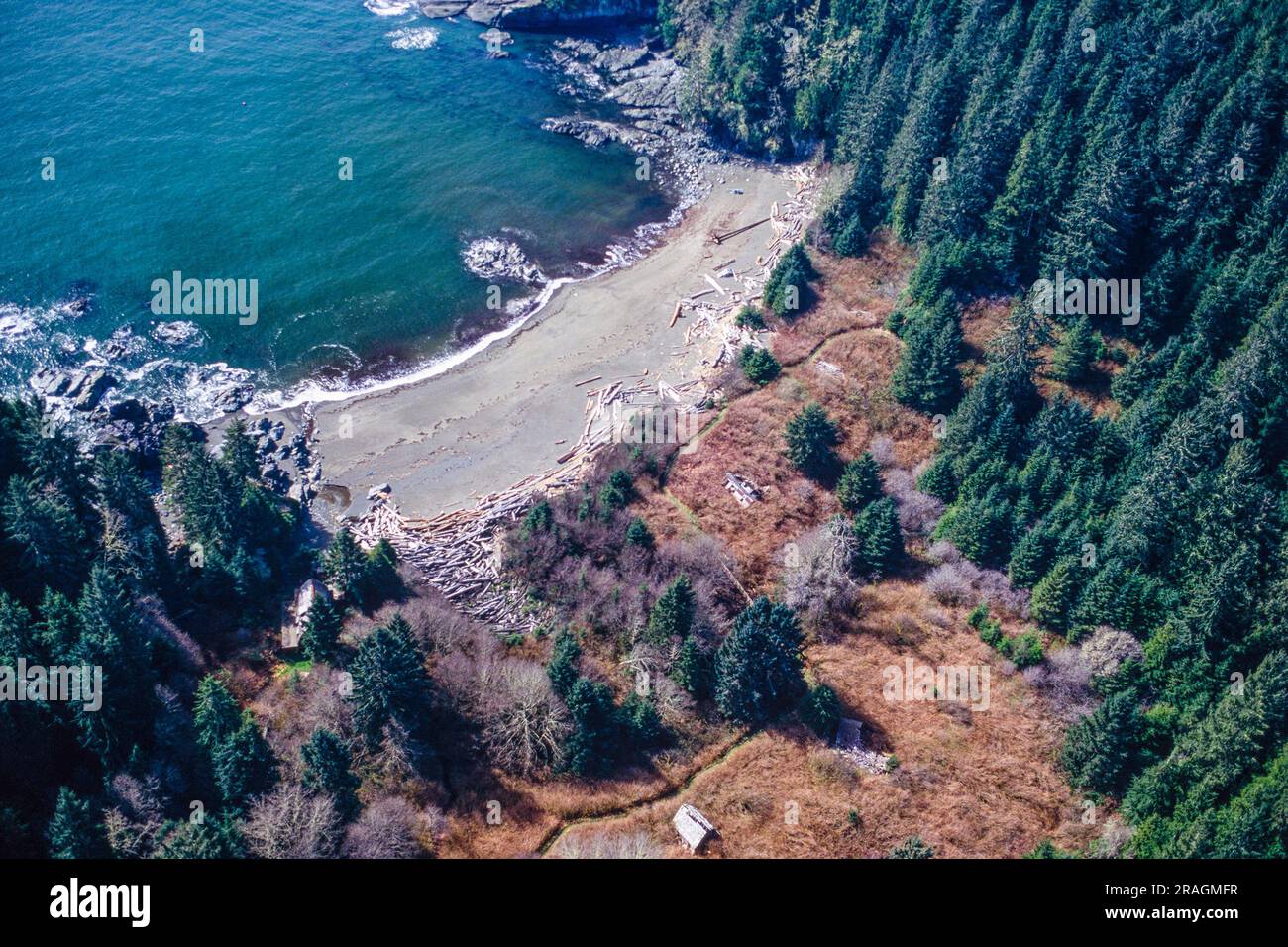 Aerial image of the abandoned village Clo-oose on Vancouver Island, BC ...