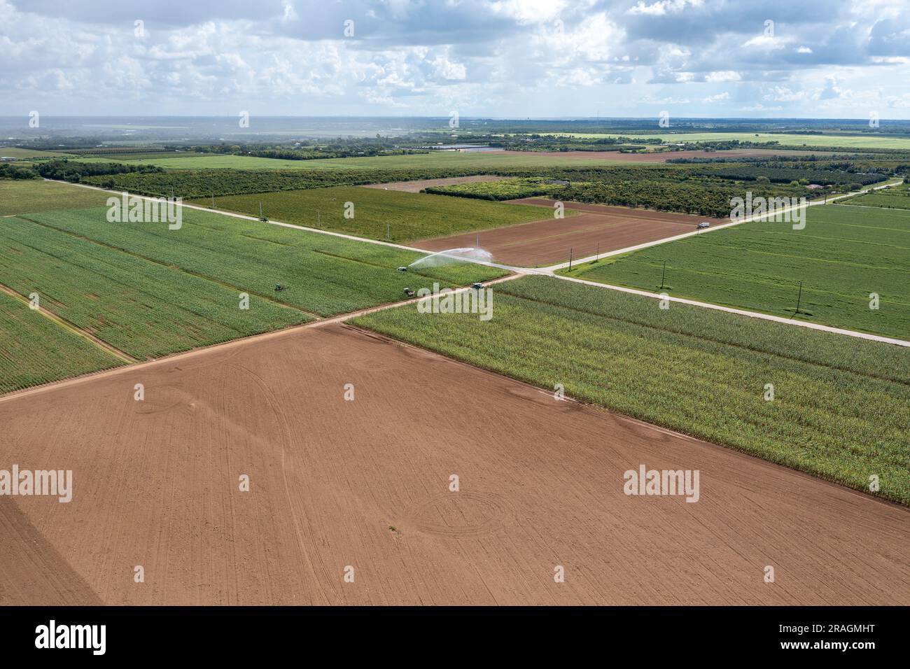Aerial view of planted and unplanted agricultural fields and irrigation ...