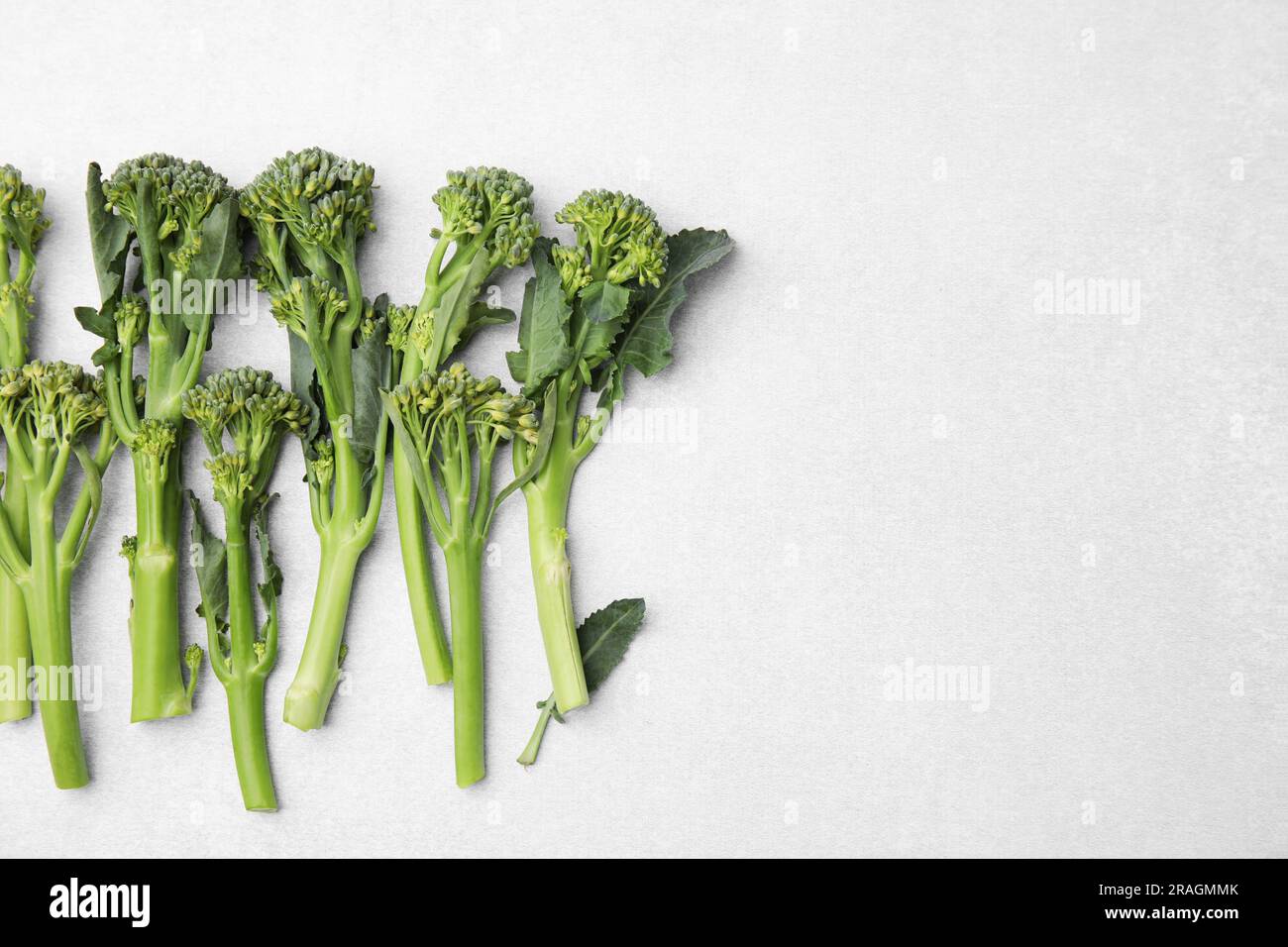 Fresh raw broccolini on white background, flat lay and space for text ...