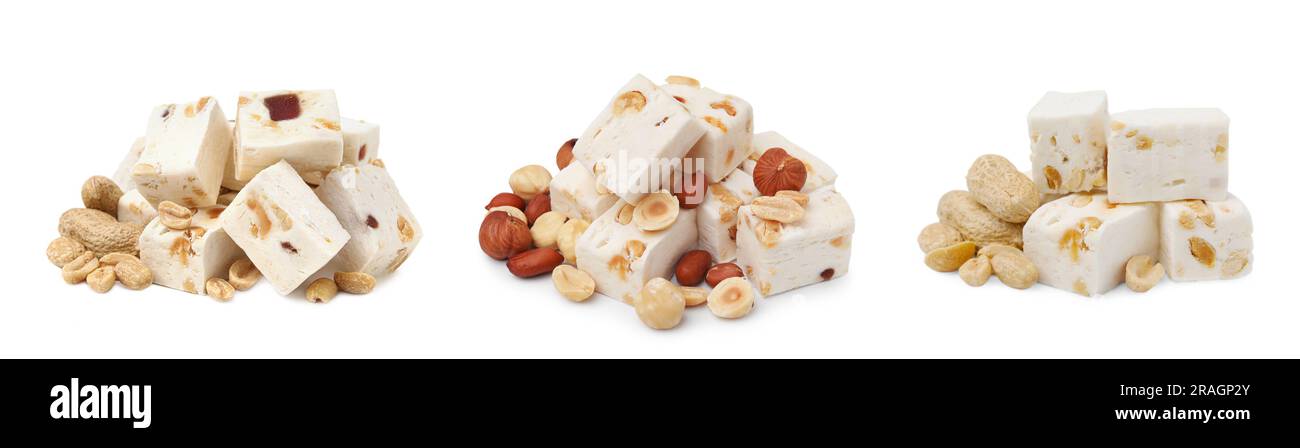 Piles of delicious nougat with nuts on white background, collage design ...