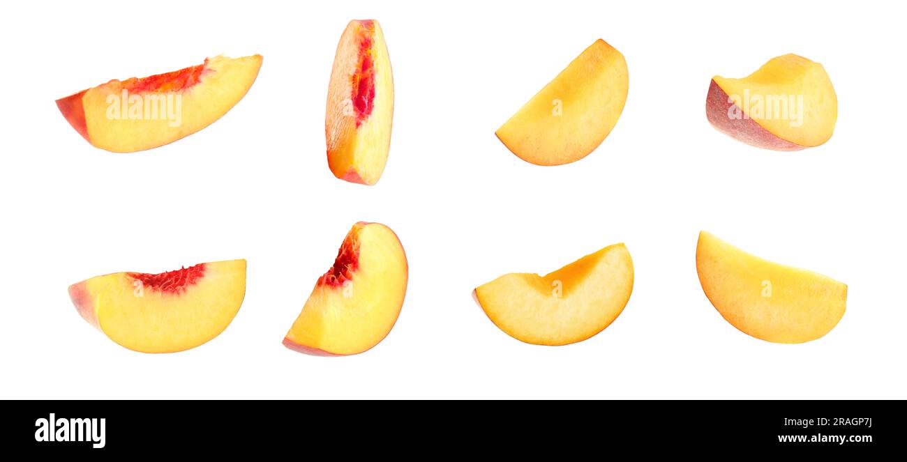 Pieces of fresh juicy peaches on white background Stock Photo - Alamy