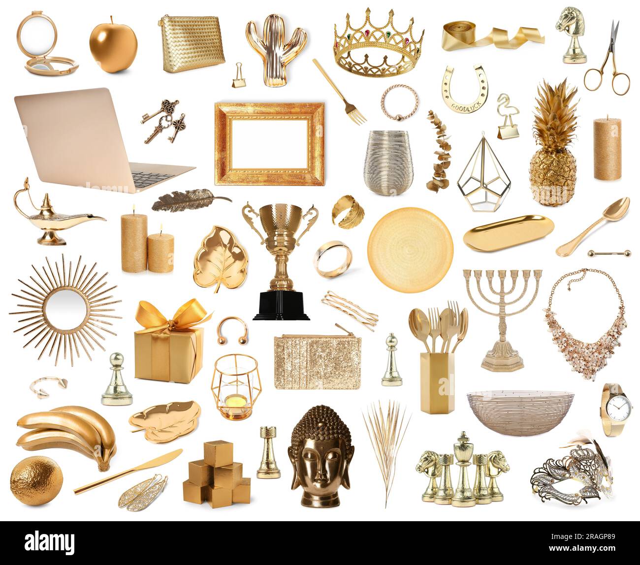 Set of different items in gold color on white background Stock Photo ...