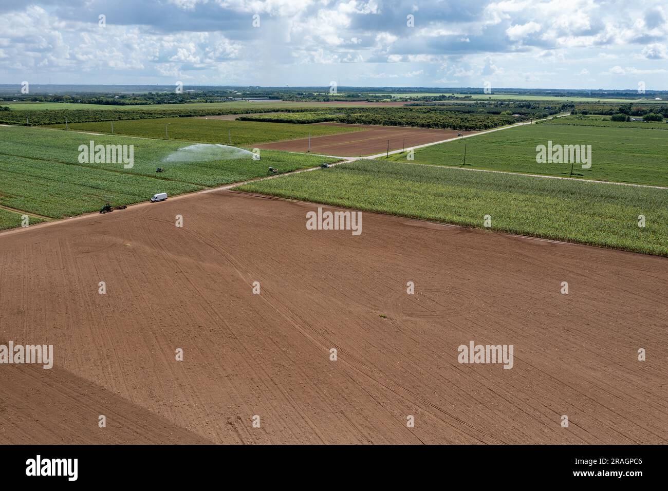 Aerial view of planted and unplanted agricultural fields and irrigation ...