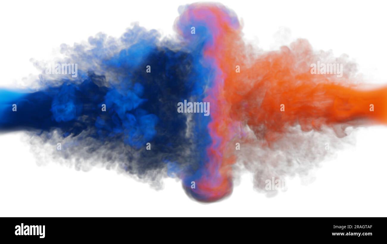 Puffs of blue and red smoke collide against a white background. 3d ...