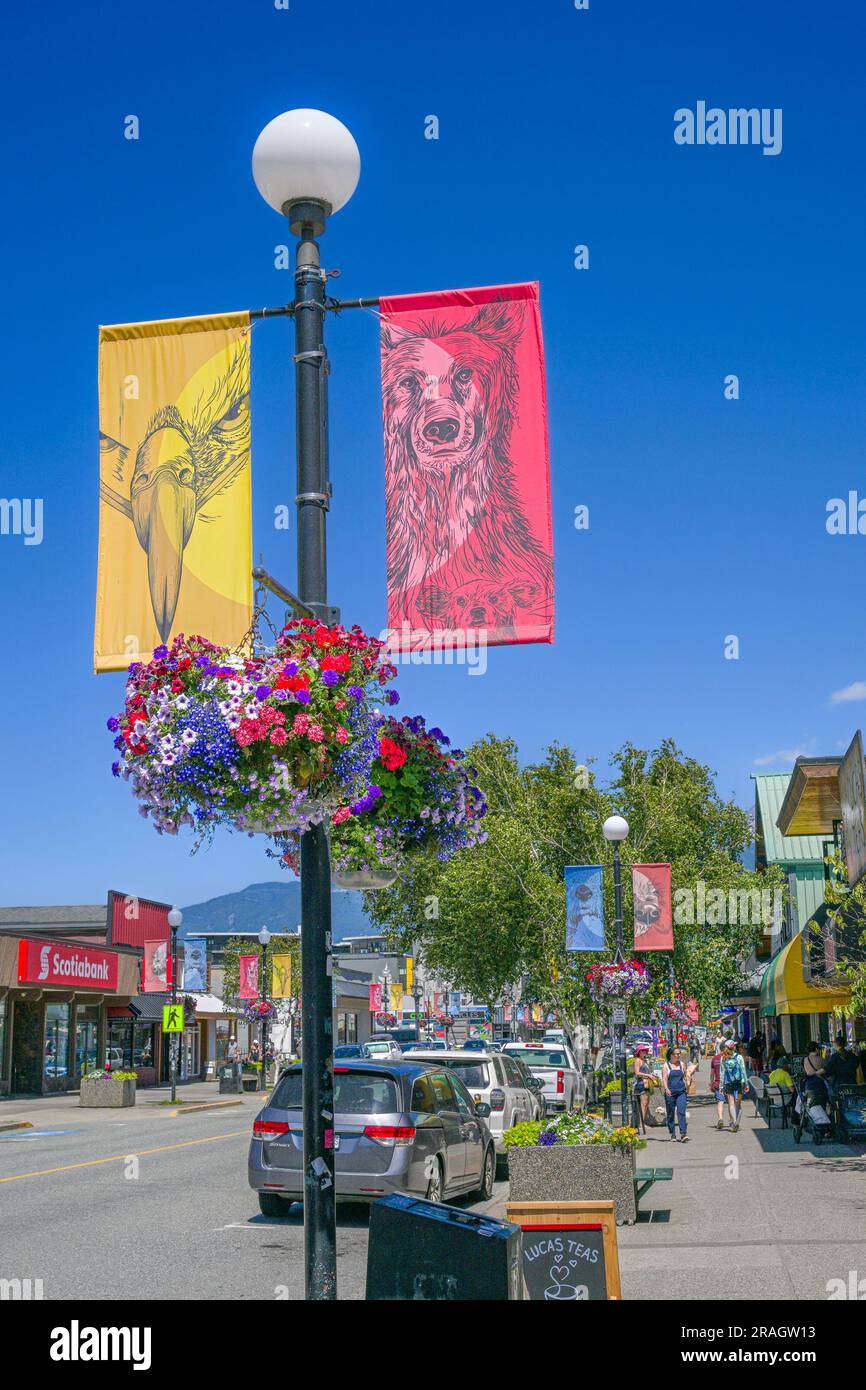 Lamp post banners, Cleveland Avenue, downtown, Squamish, British ...