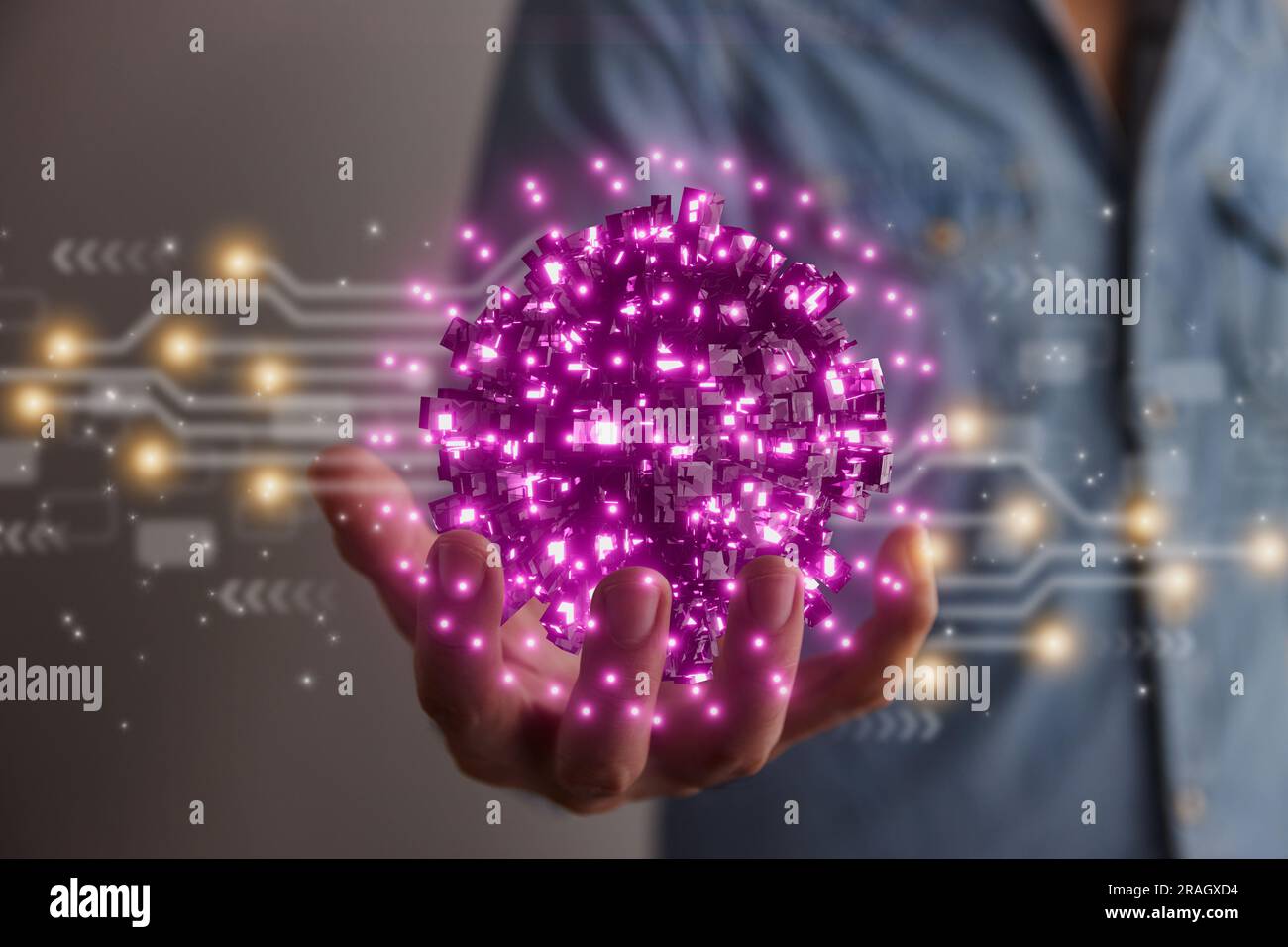 Hand of Man Hold Magenta Sci-Fi Earth Globe or Orb AI Artificial Intelligence Brain System and ...