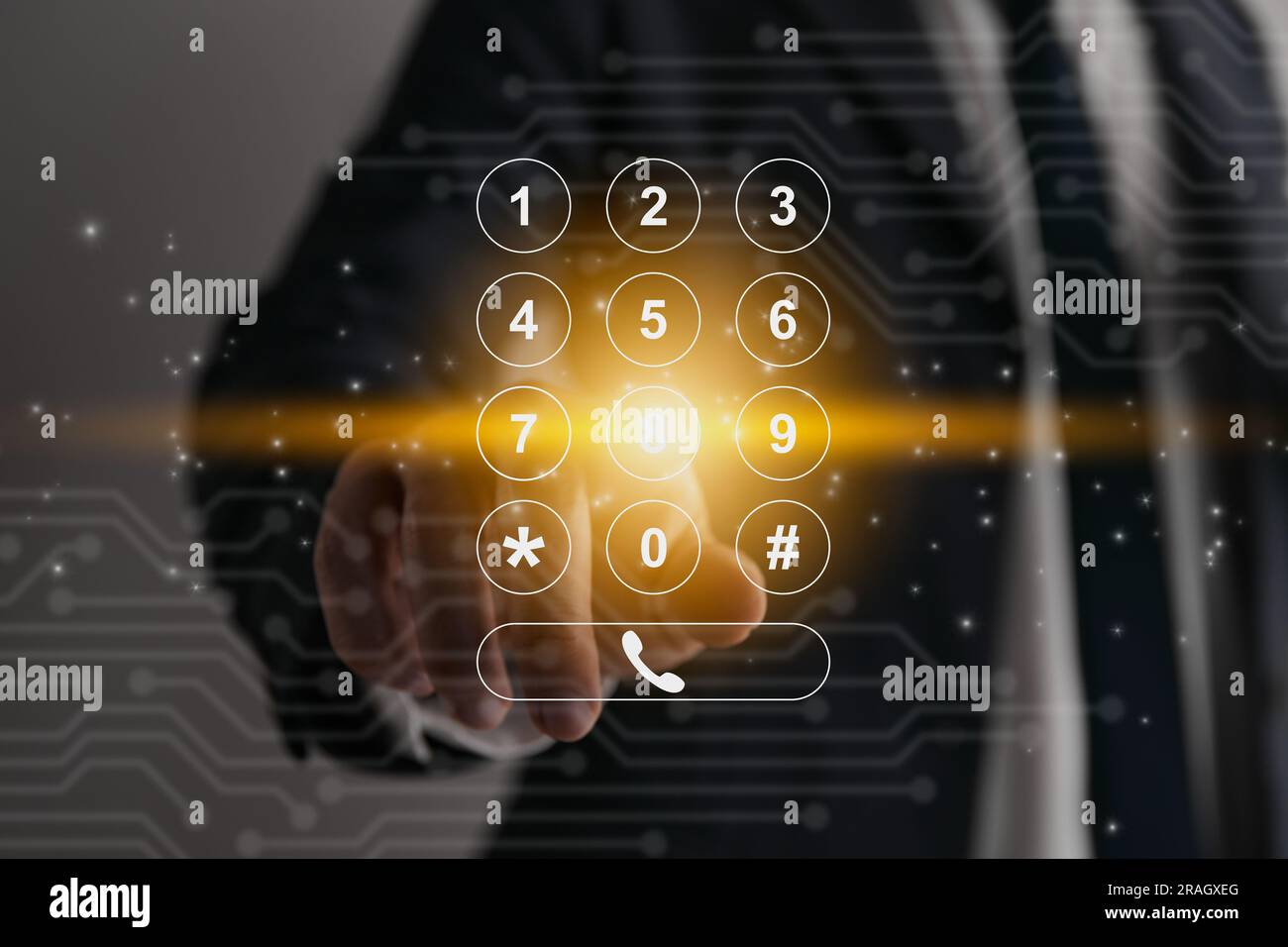 Businessman Hand Touching Transparent Phone Keypad Screen and Printed ...