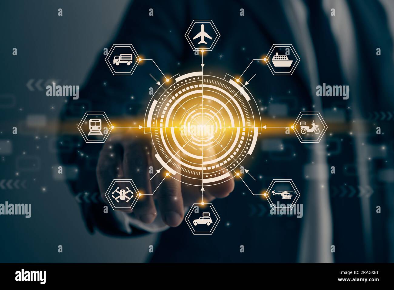 Businessman Hand and Finger Touch Screen Hexagon HUD Logistics or ...