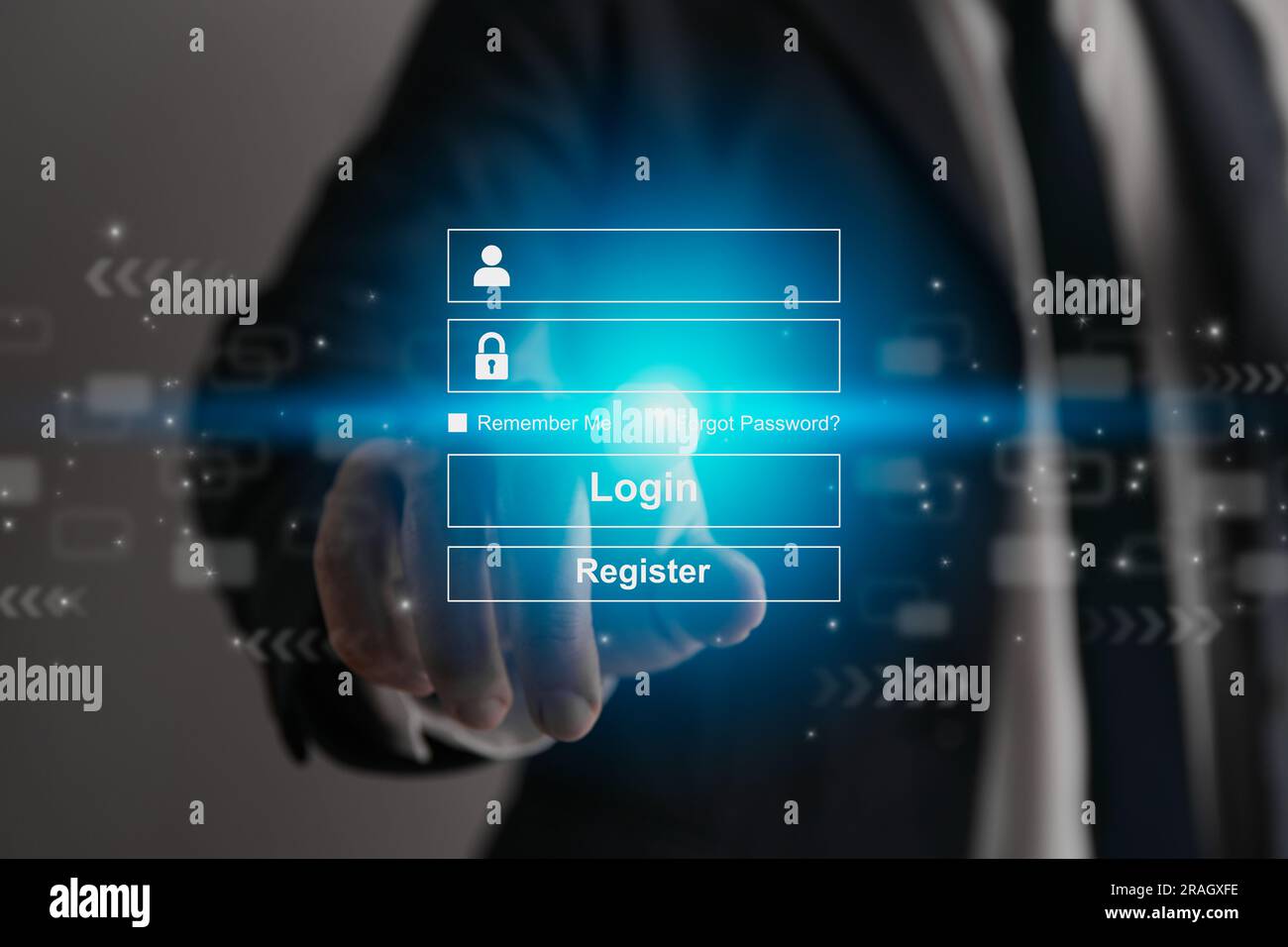 Businessman Hand Touching Blue Username, Password Login and Register Rectangle Interface. Online ...