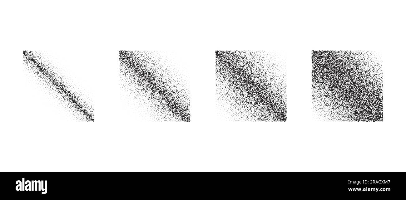 Textured fading diagonal gradients set. Black dotted square element collection. Stippled shades ...