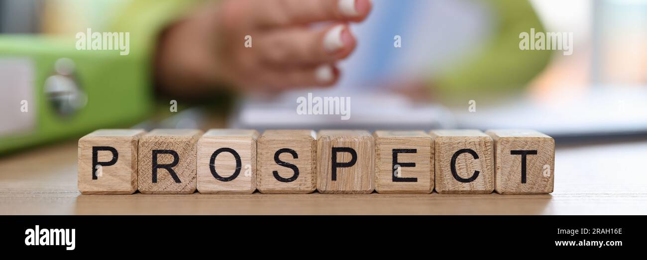 Prospect word collected of wooden cubes in row Stock Photo - Alamy