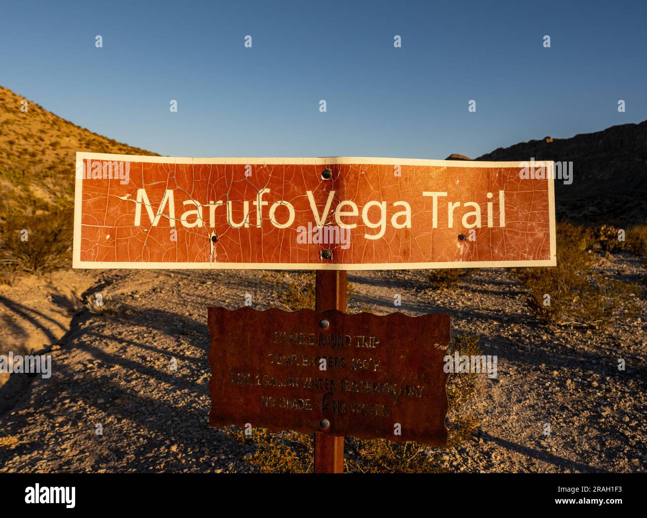 Orange Morning LIght On Marufo Vega Trail Sign in Big Bend Stock Photo ...