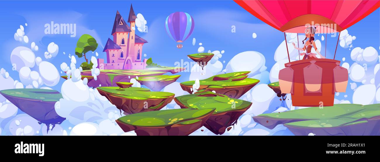 Princess on hot air balloon flying to magic castle cartoon background ...