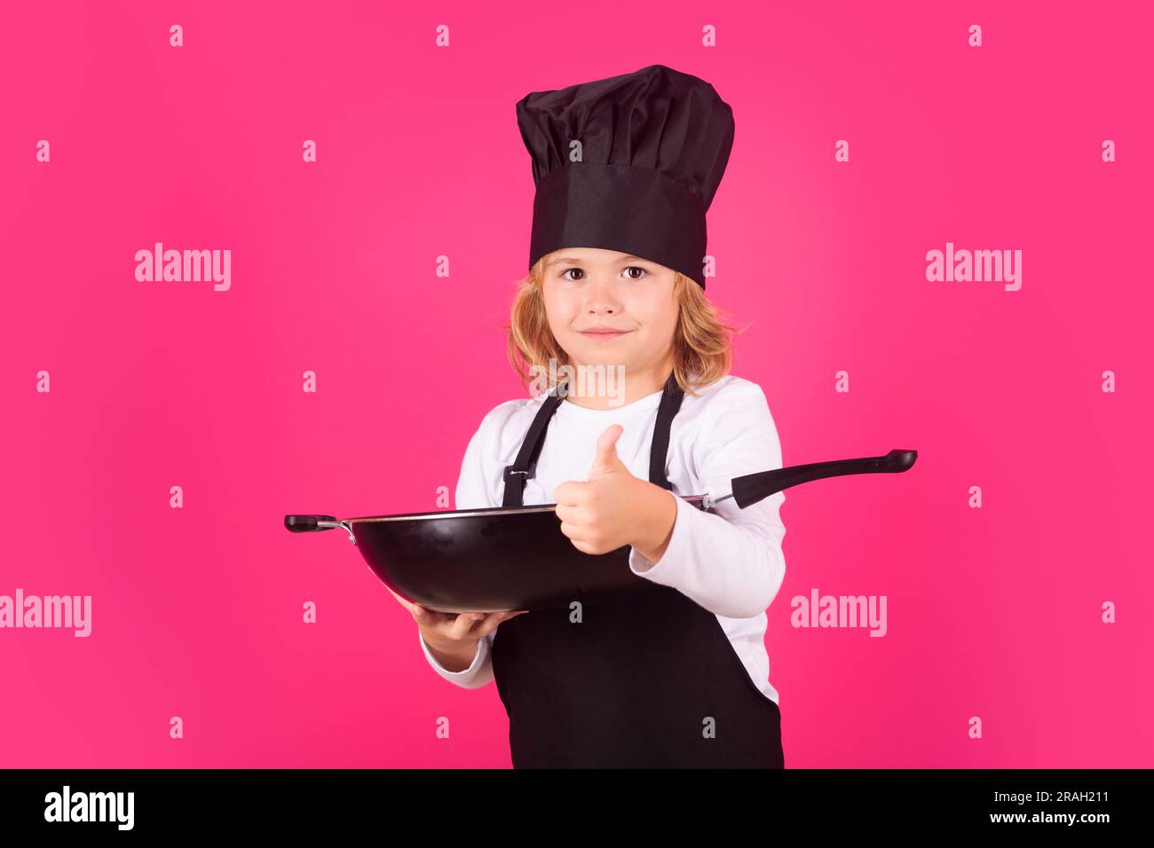 Kid chef cook cookery with pan. Cooking children. Chef kid boy in form ...