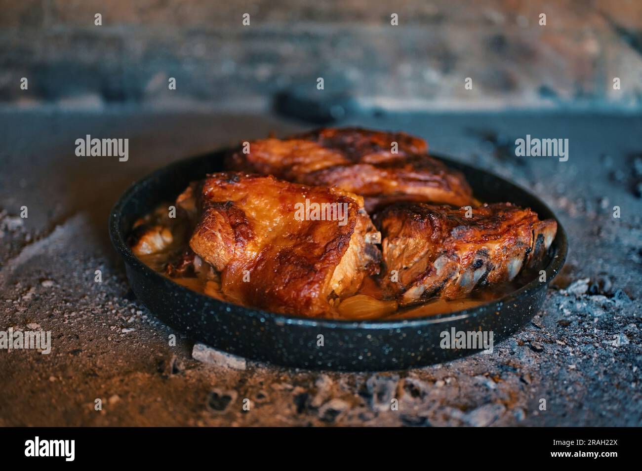 Closeup of traditional grilled meat in the oven on open flame Stock ...