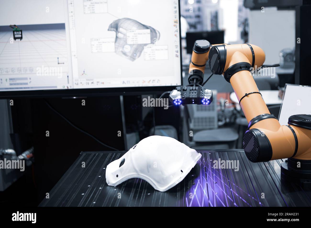 Automated 3D scanning. Robot perform 3D scan on workpiece. Industrial ...