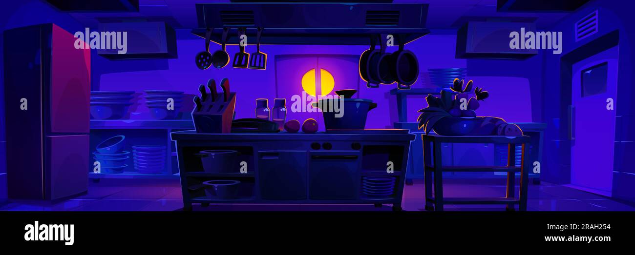 Restaurant kitchen interior at night. Vector cartoon illustration of ...