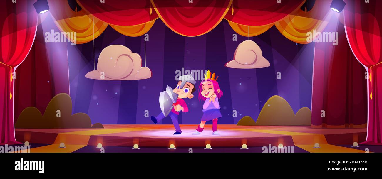 Happy kids performing on theater stage with decorations and ...