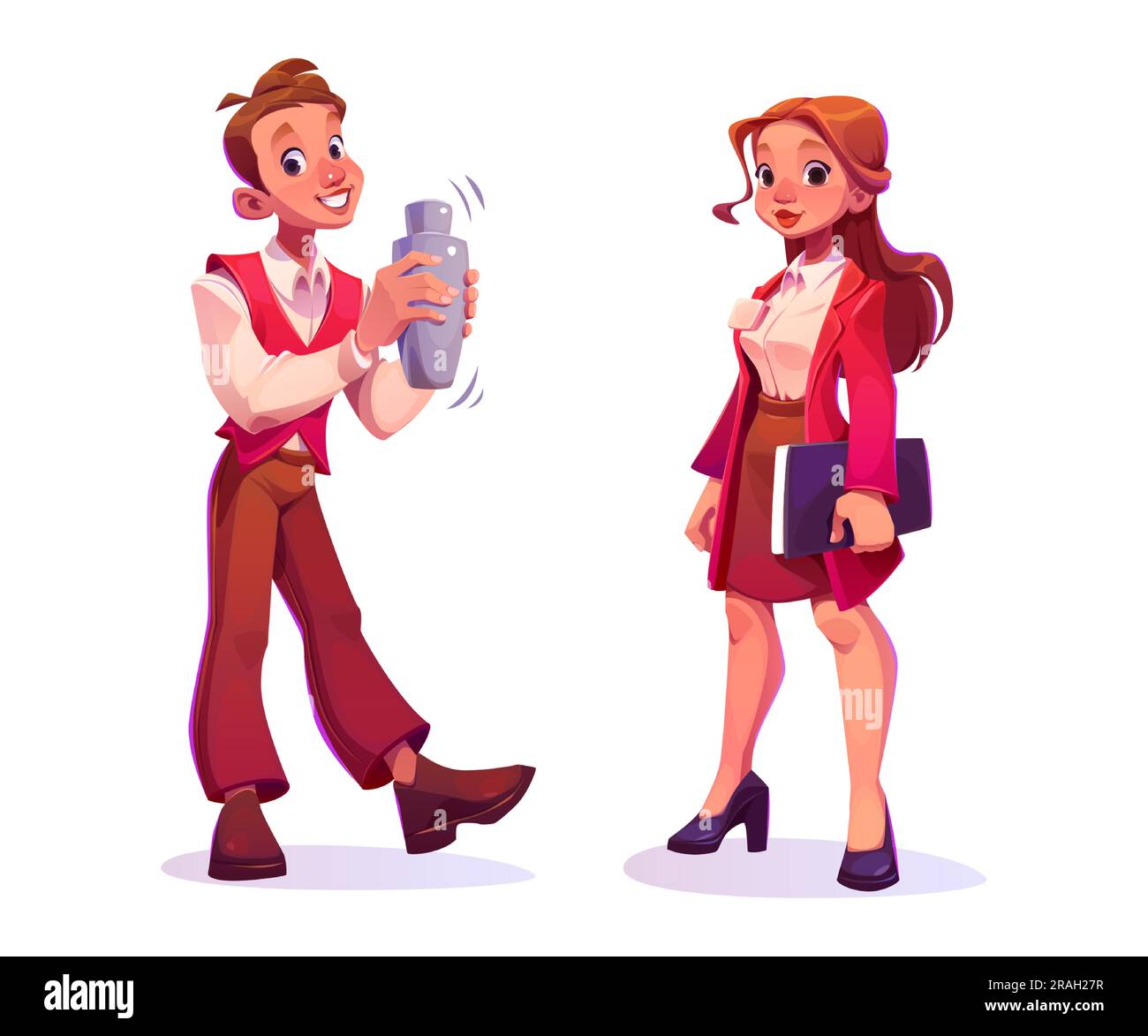 Male barman and female restaurant administrator isolated on white ...