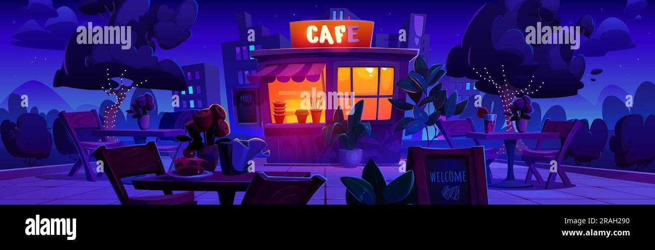 Outdoor cafe in city park at night. Vector cartoon illustration of ...